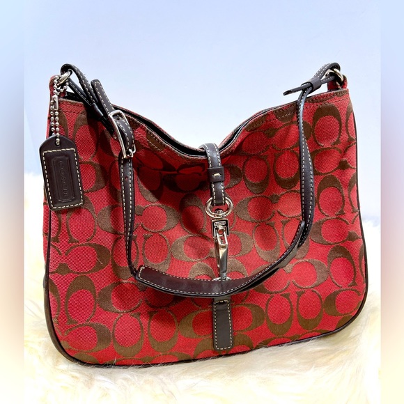 Coach | Bags | Coach Signature Red Canvas And Brown Leather Shoulder ...